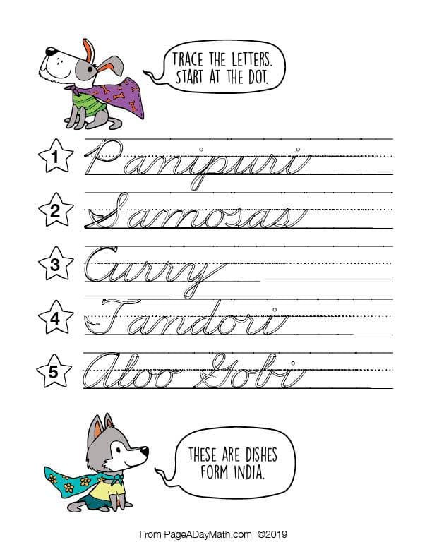 100 FABULOUS FOODS Cursive Handwriting Books – Page A Day Math