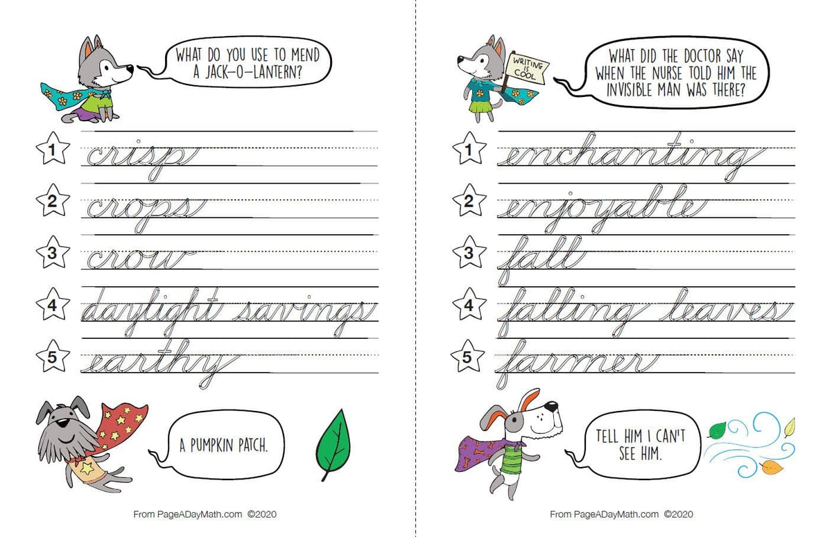 100 AMAZING AUTUMN Words Cursive Handwriting Book – Page A Day Math
