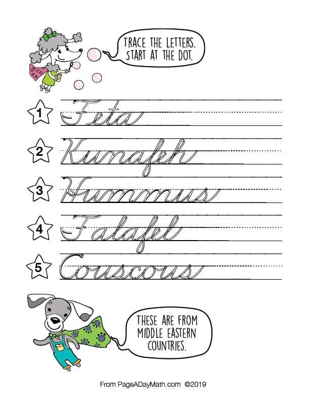 100 FABULOUS FOODS Cursive Handwriting Books – Page A Day Math