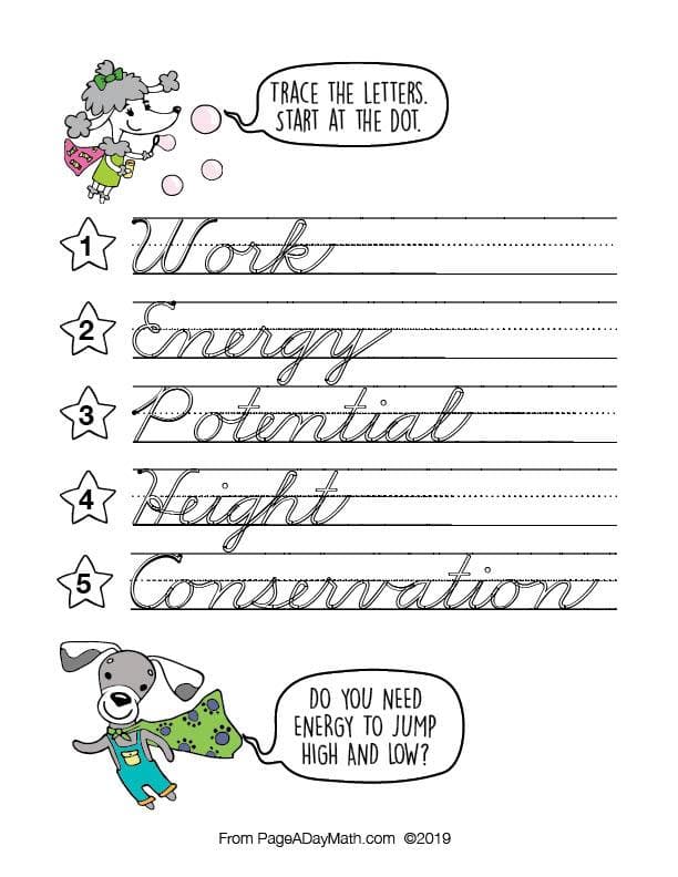 100 FUN PHYSICS Words Cursive Handwriting Book – Page A Day Math