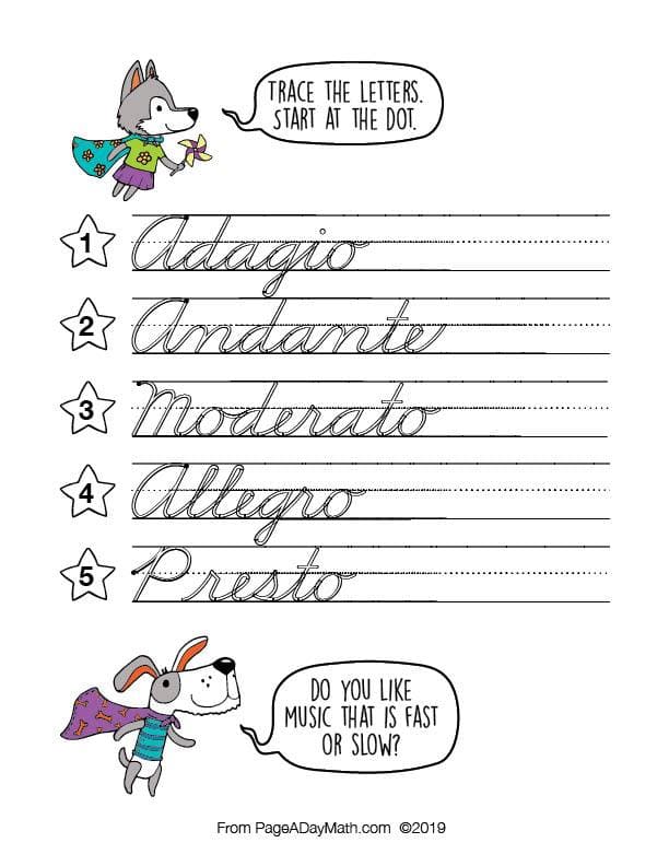 100 MERRY MUSIC Words Cursive Handwriting Book – Page A Day Math