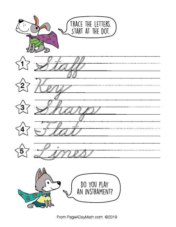 100 MERRY MUSIC Words Cursive Handwriting Book – Page A Day Math
